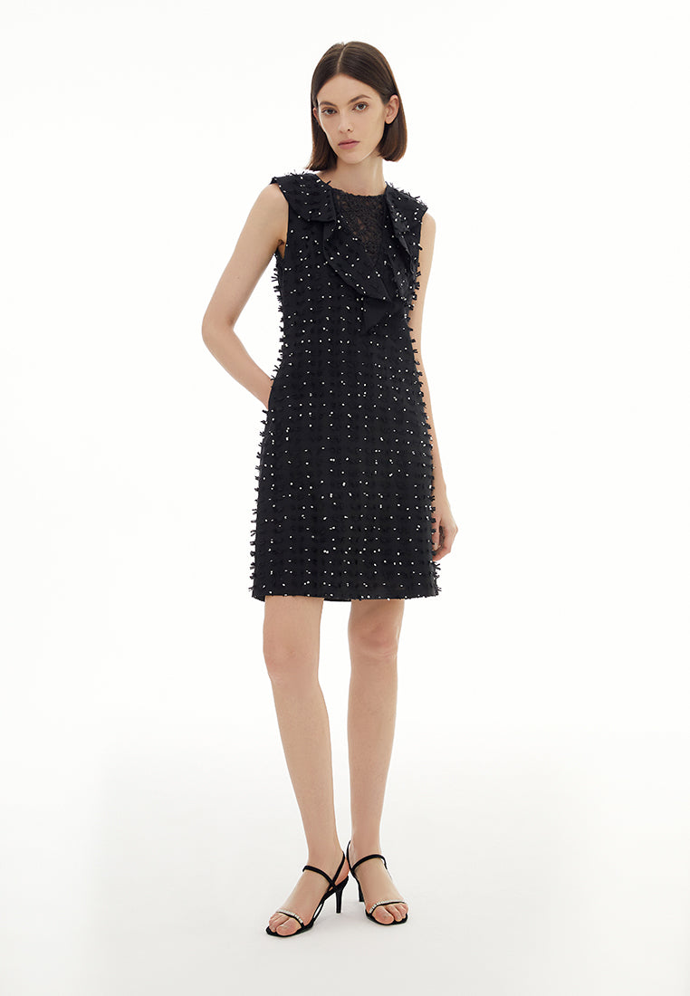 Black Patchwork Jacquard Sleeveless Mini Dress | MOISELLE