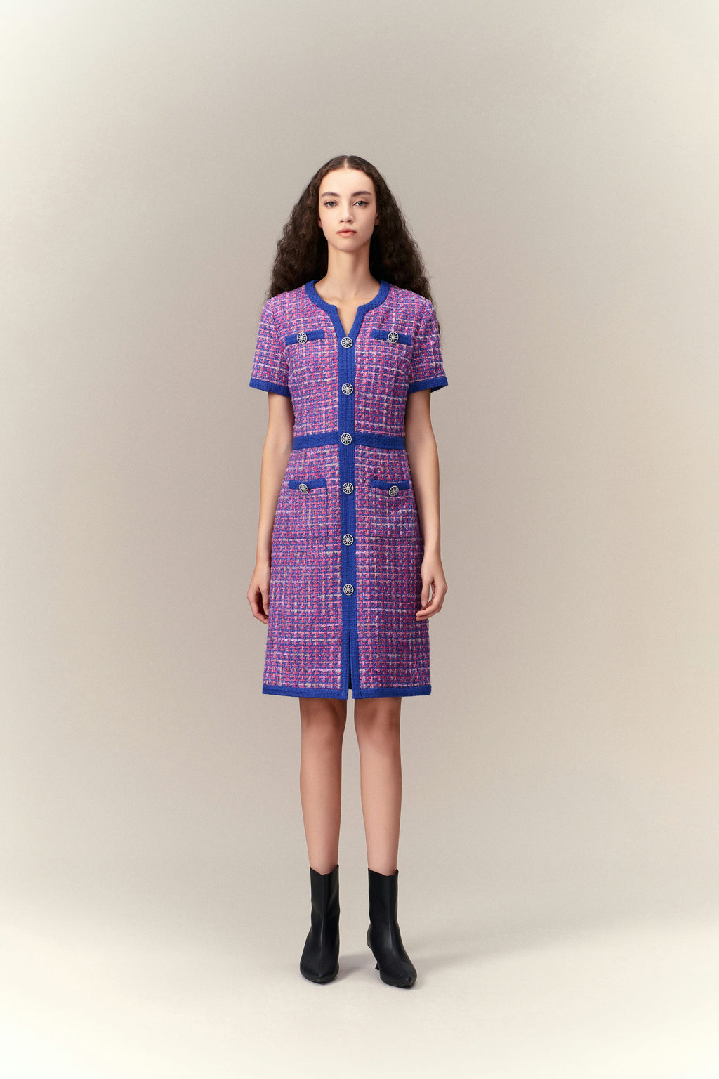 MOISELLE Primary Color Illusion Chunky Woven Tweed Dress
