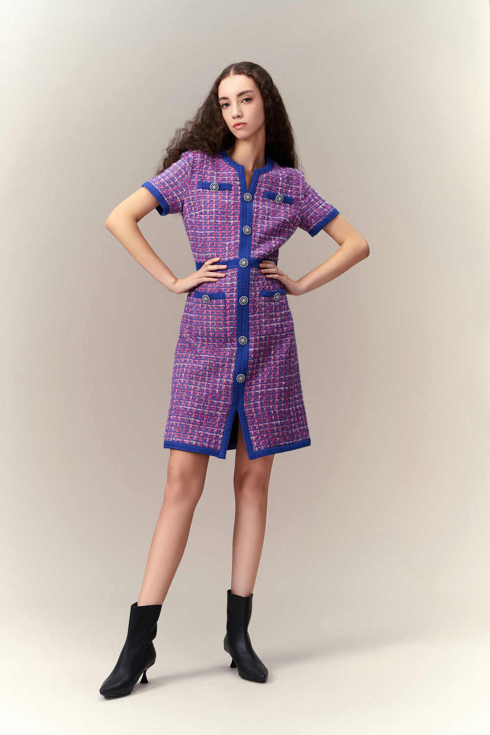 MOISELLE Primary Color Illusion Chunky Woven Tweed Dress