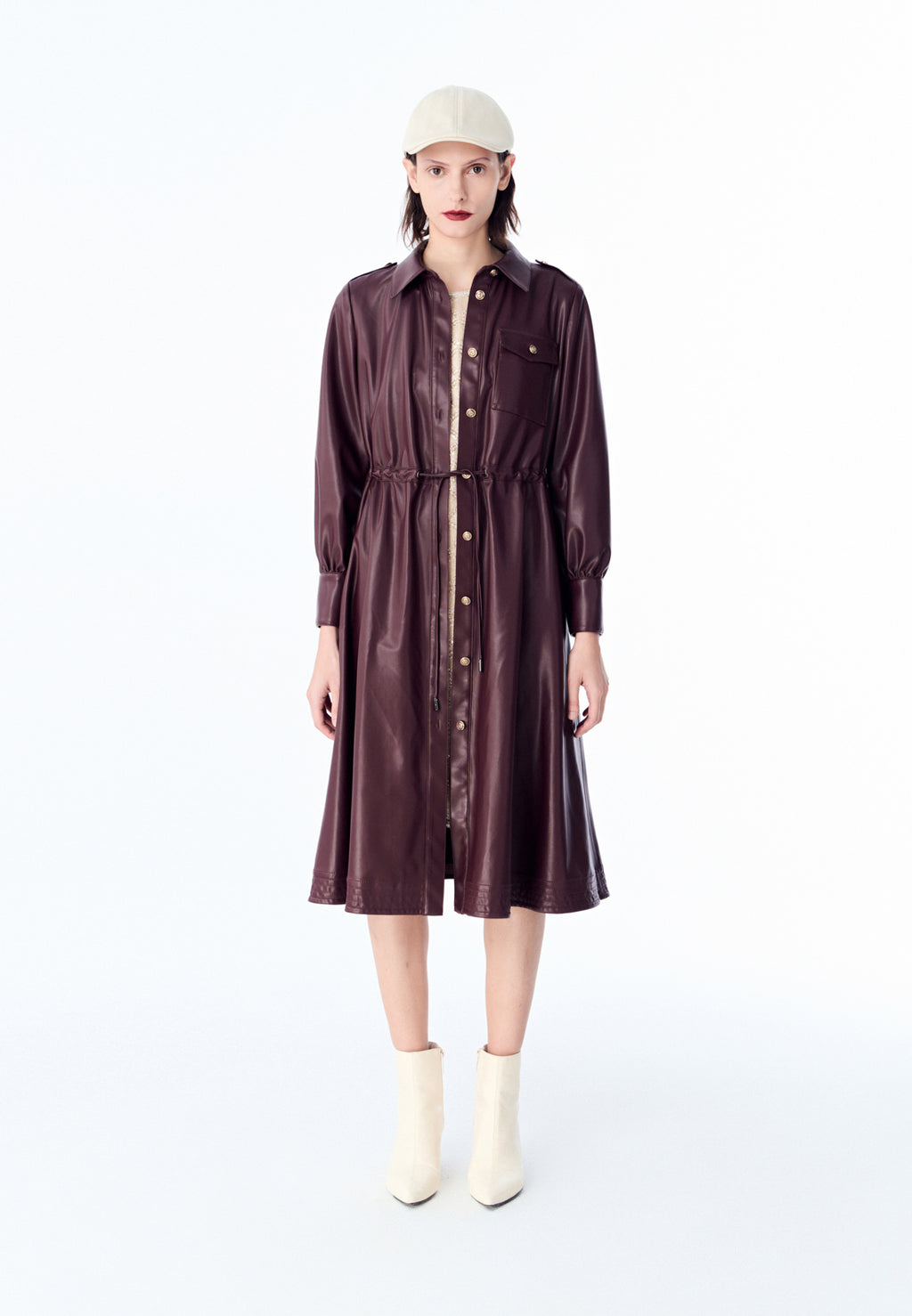 MOISELLE Motorcycle Dark Red Vegan Leather Coat Dress