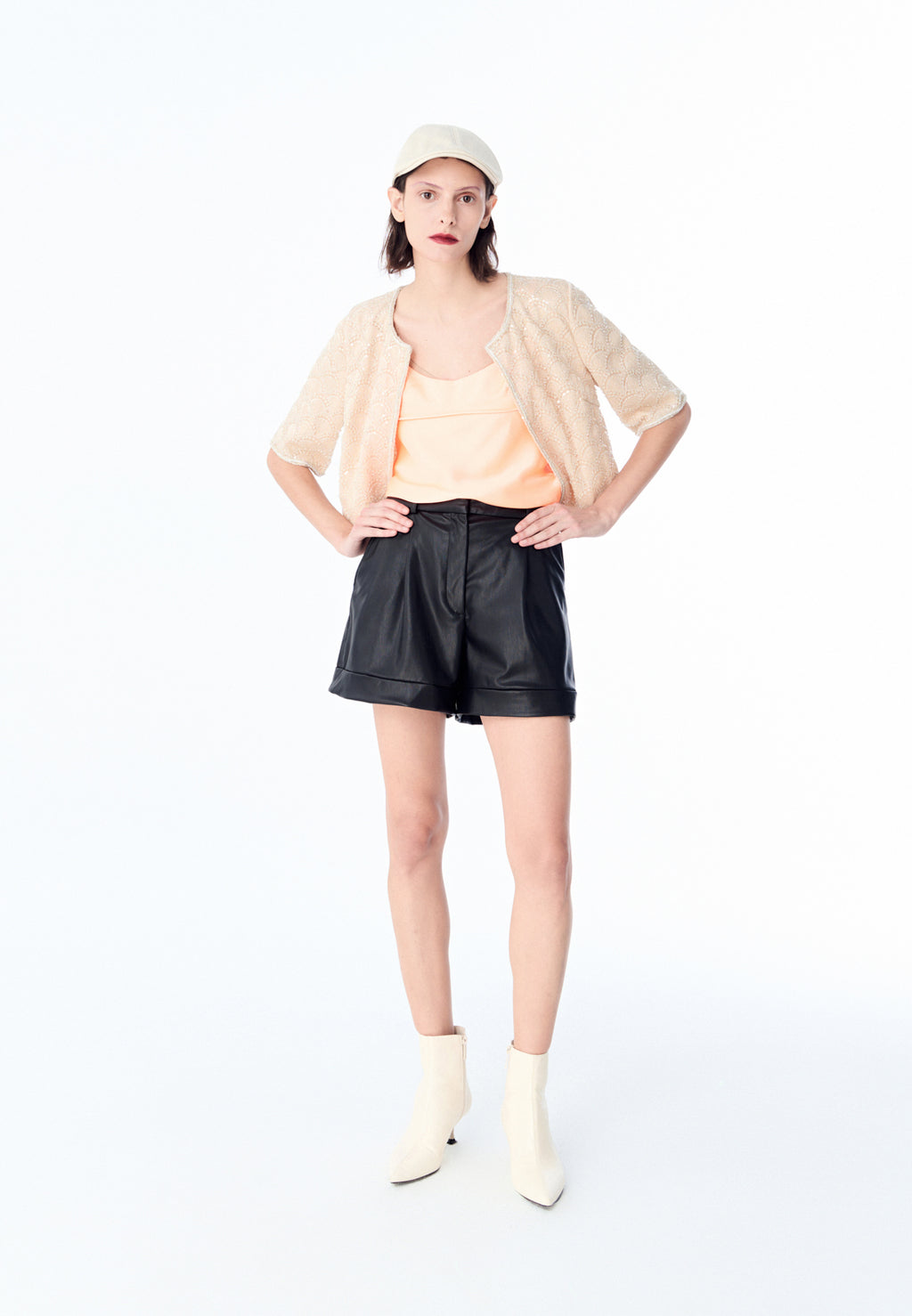 MOISELLE Beige Embroidered Mesh Mid-sleeves Crop Jacket